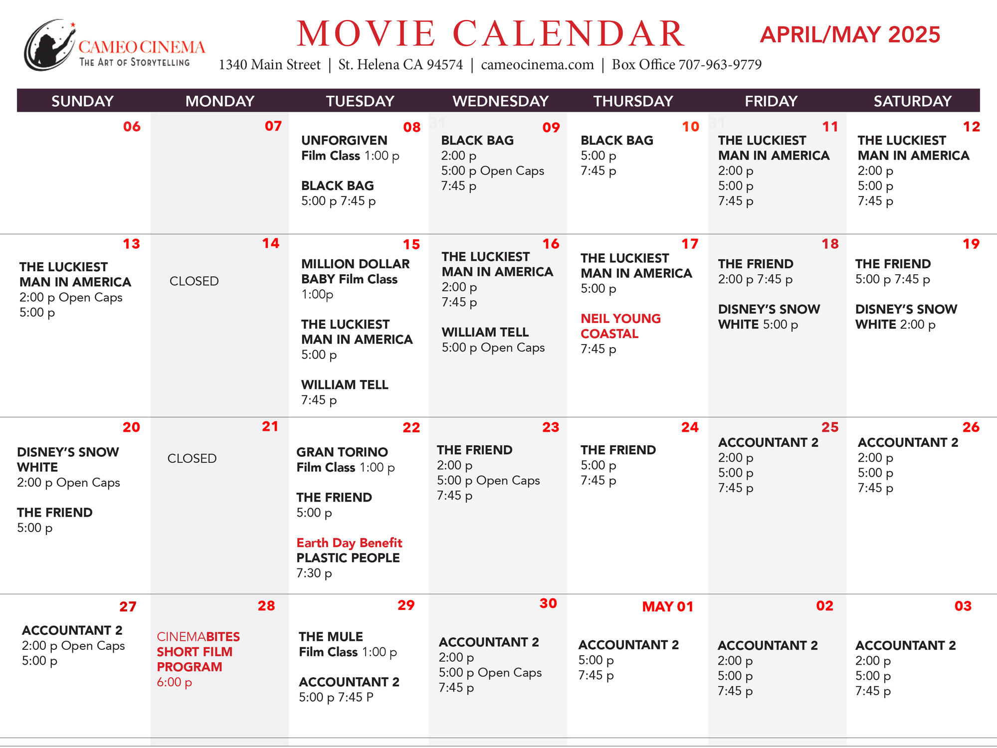Movie Calendar at Cameo Cinema - movie times & tickets