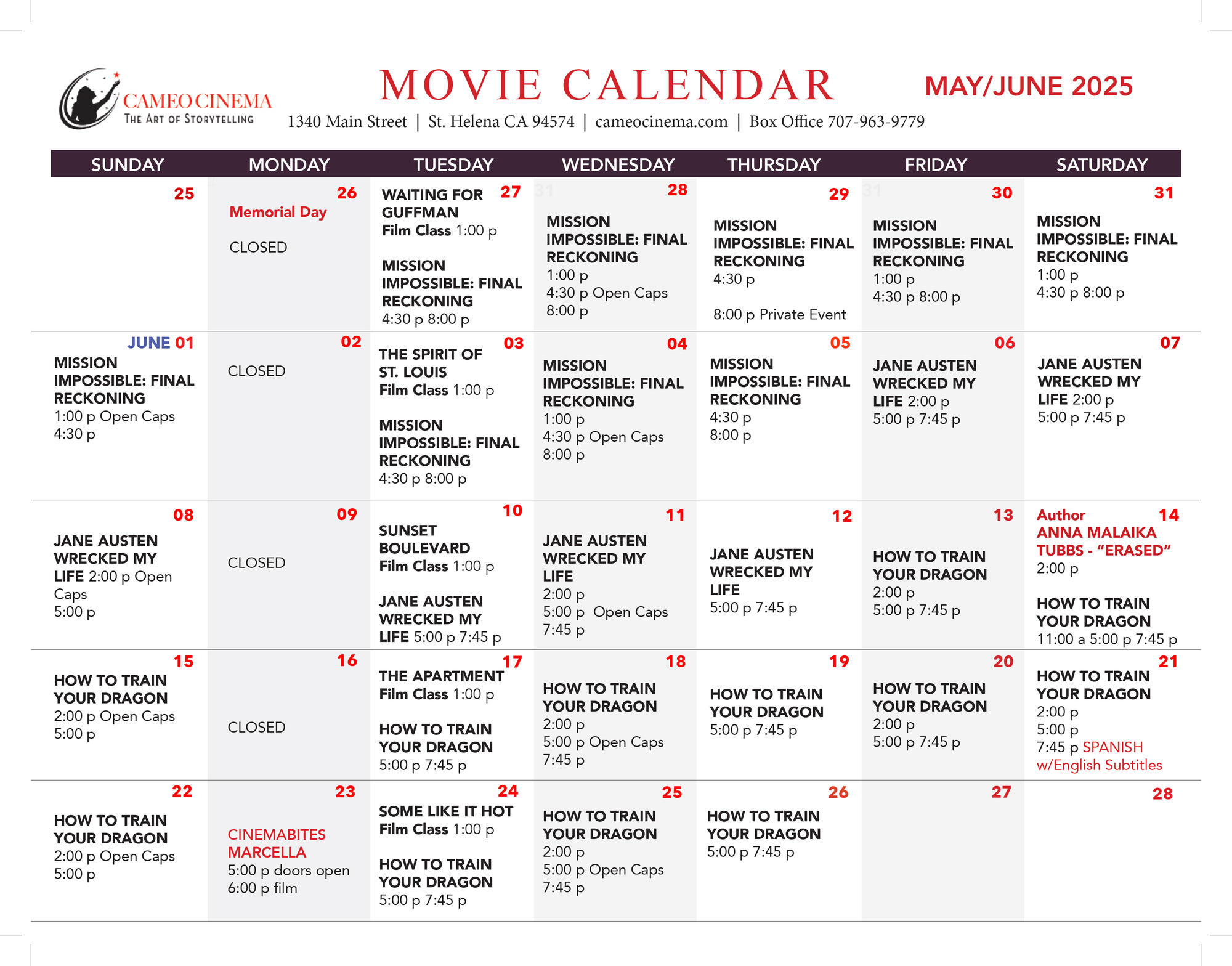 Movie Calendar at Cameo Cinema - movie times & tickets