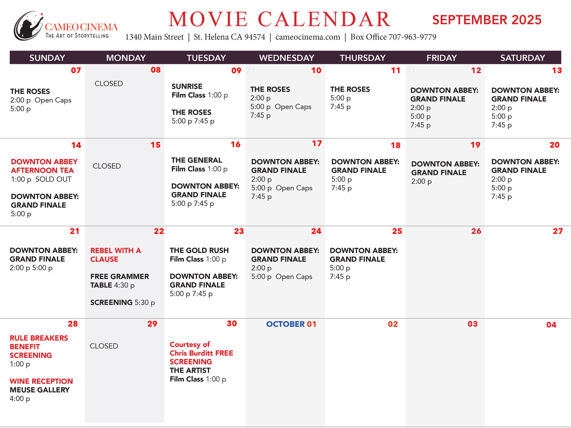 Movie Calendar at Cameo Cinema - movie times & tickets