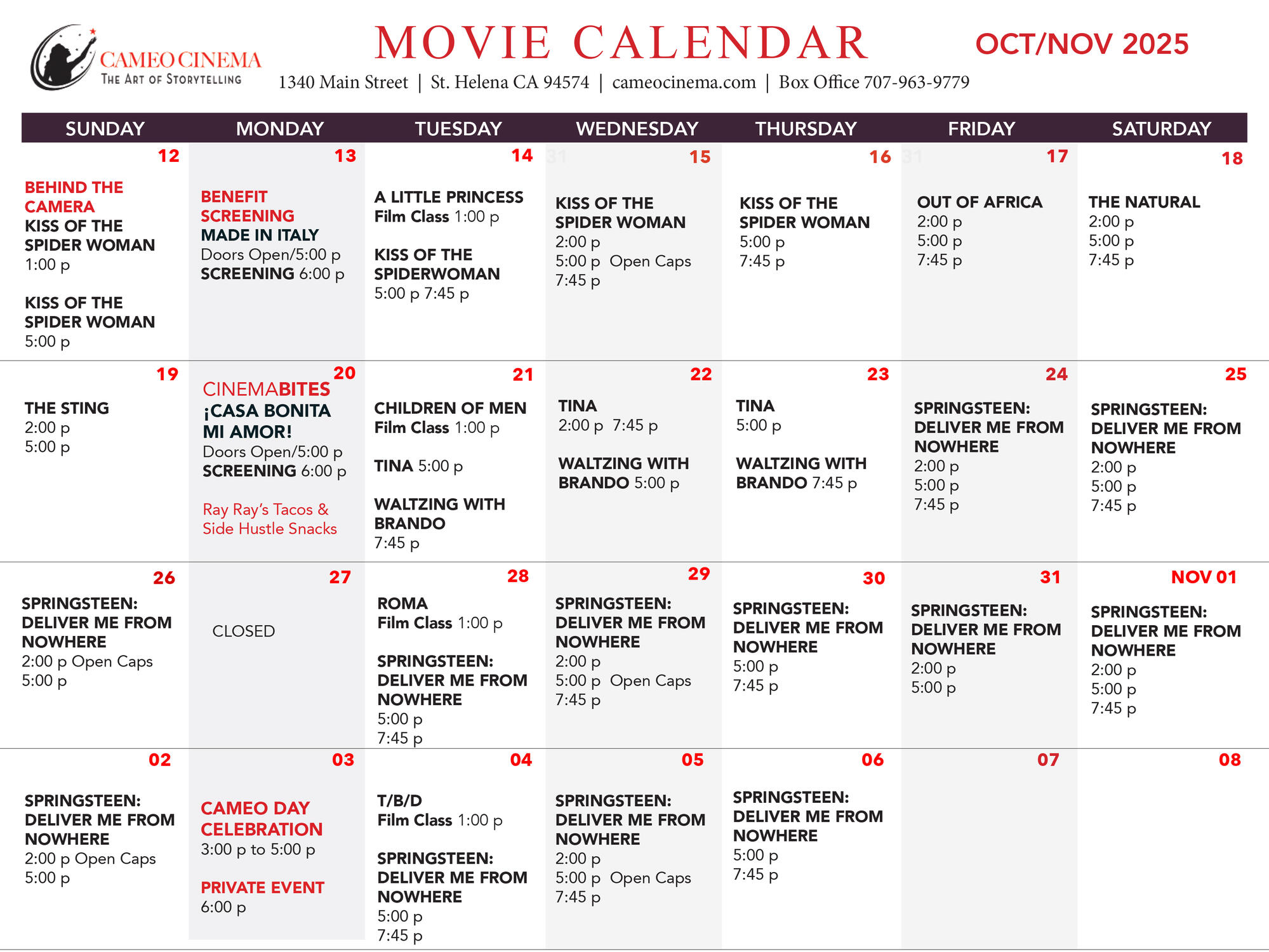Movie Calendar at Cameo Cinema - movie times & tickets