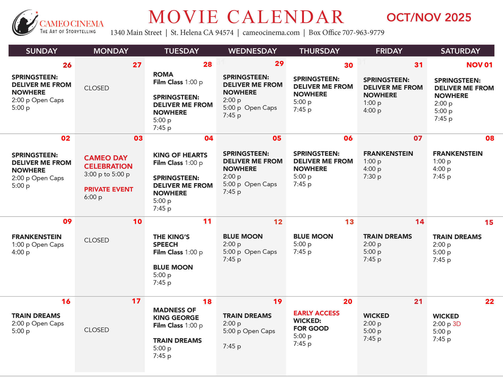Movie Calendar at Cameo Cinema - movie times & tickets
